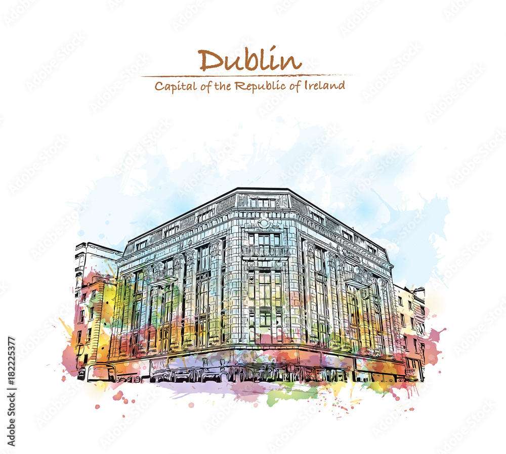 Watercolor splash with hand drawn sketch of Dublin, Capital of the ...