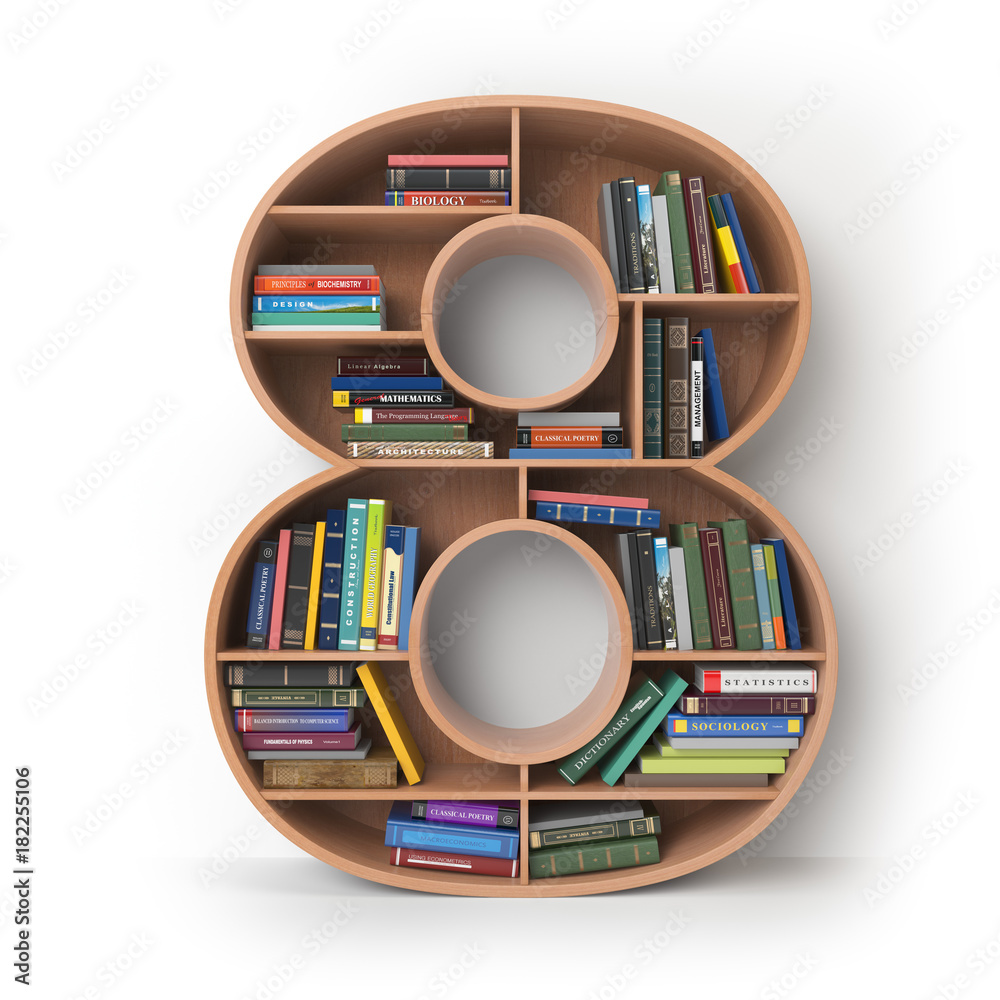Number 8 eight. Alphabet in the form of shelves with books isolated on ...