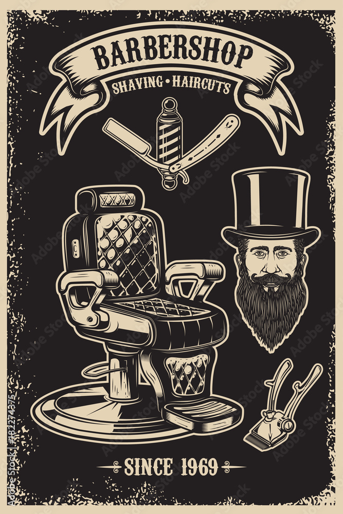 Barber shop poster template. Barber chair and tools on grunge ...