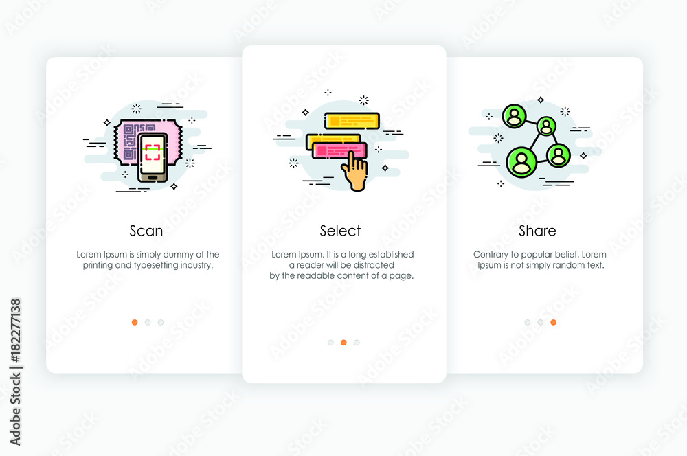 Onboarding screens design in how to use app concept. Scan Select and ...