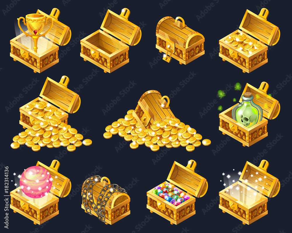 Set of wooden chests with coins for the game UI. Isolated vector ...