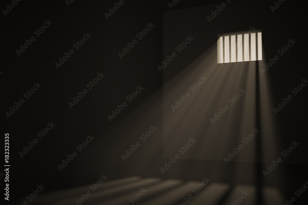Empty prison cell. Light rays shining through window in jail. 3D ...