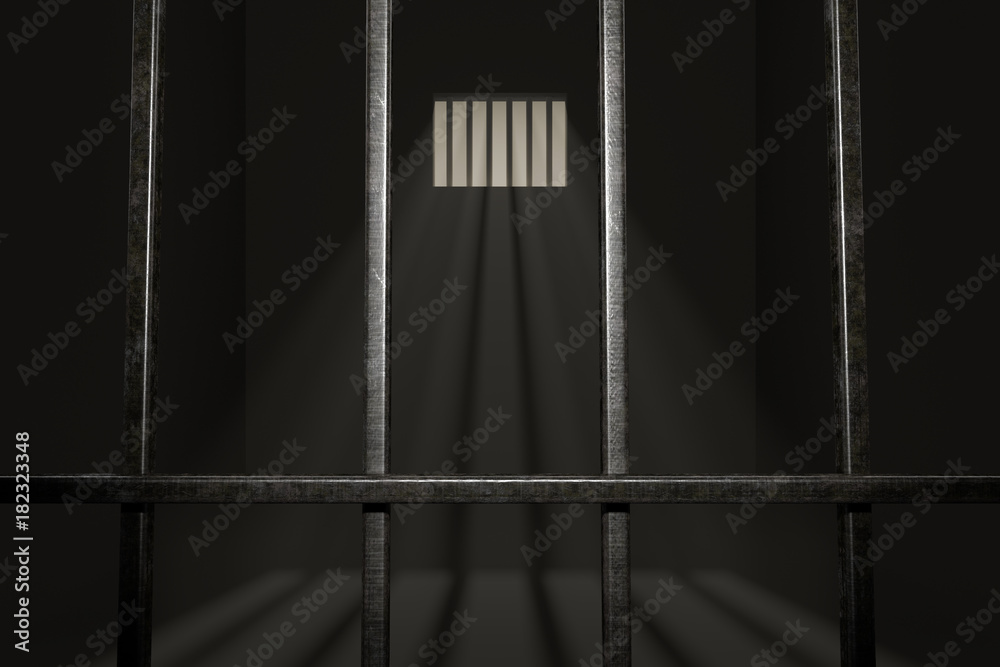 Empty prison cell. Light rays shining through window in jail. 3D ...
