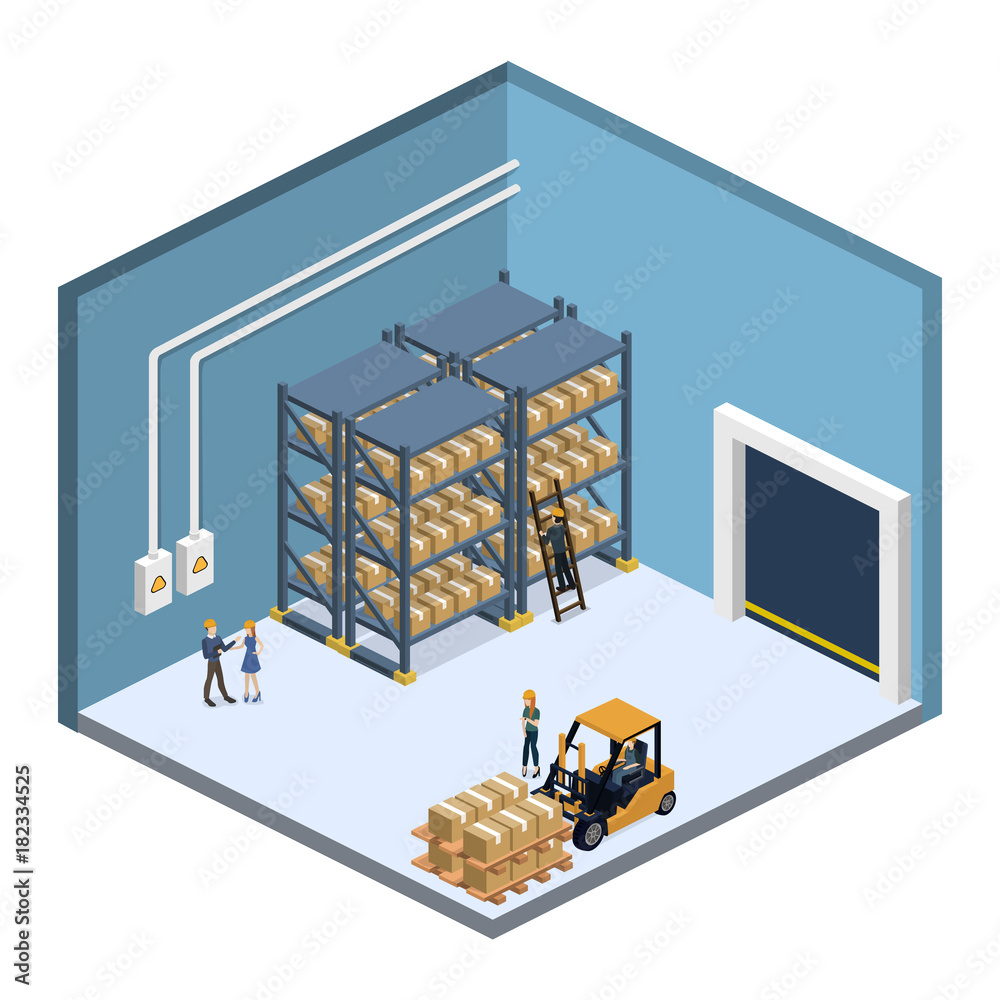 Isometric 3D vector illustration warehouse with a forklift, goods and ...