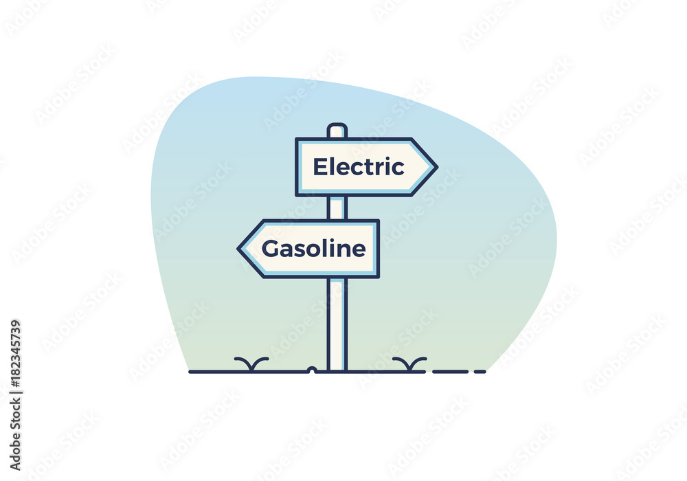 Sign post indicating two different possibilities - electric car vs gas ...