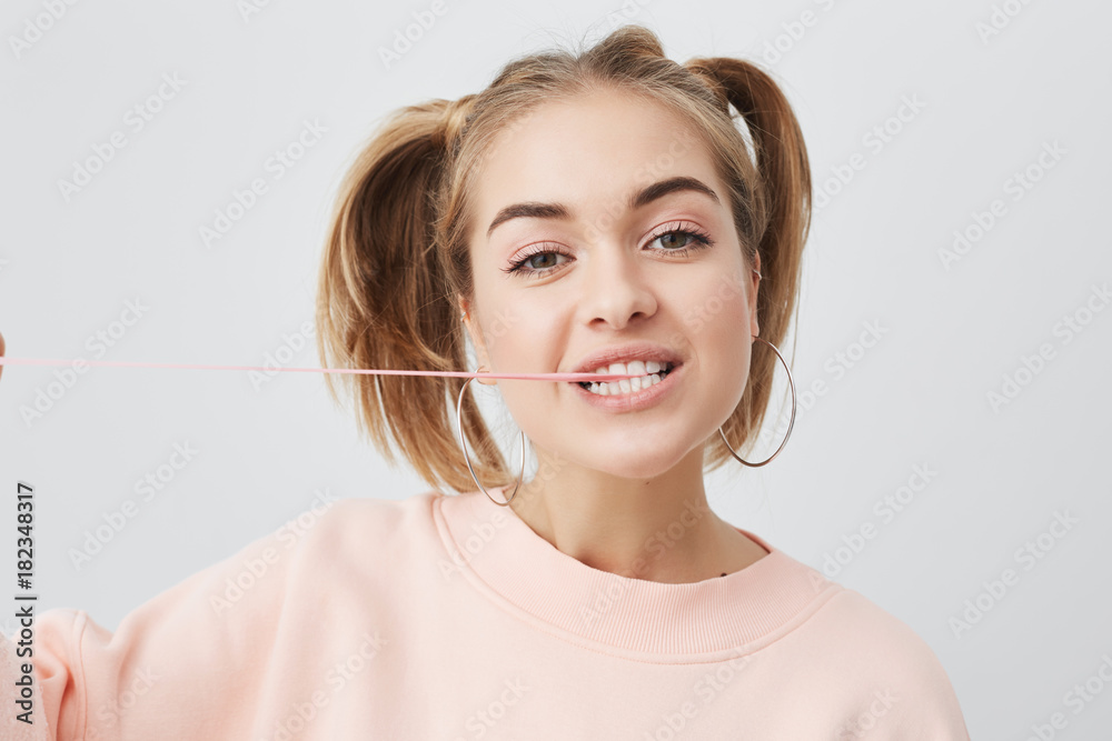 Portrait of joyful cheerful teenage girl with healthy clean skin, dark ...