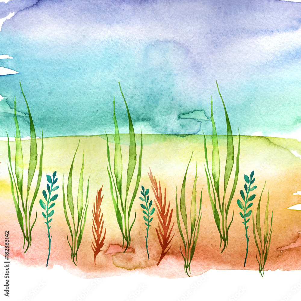 Watercolor drawing of seaweed, wild grass, seamless linear pattern. A ...