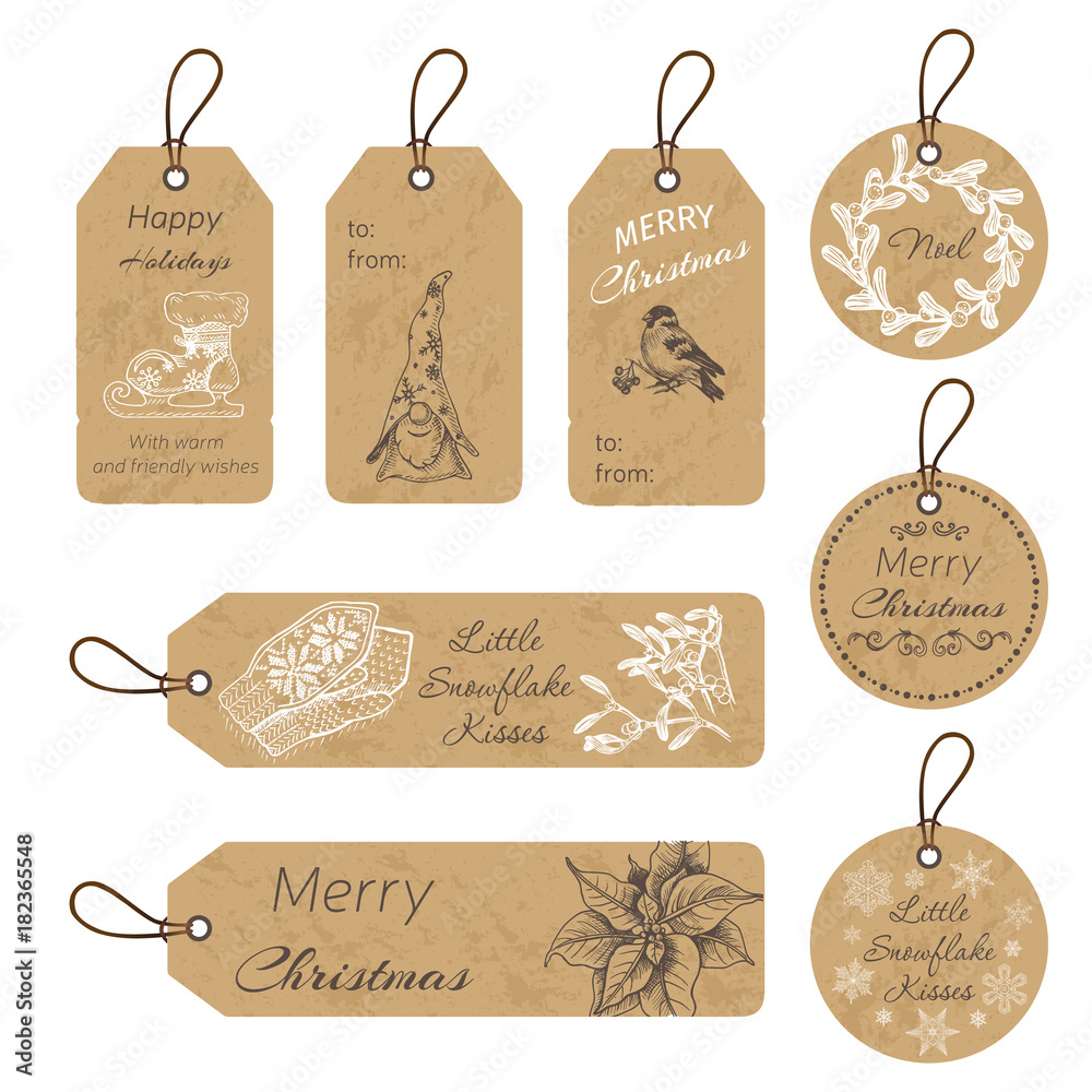 Christmas gift tags with hand drawing elements. Vector illustration ...