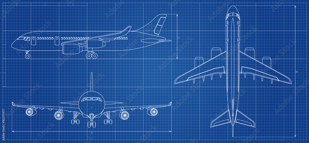 Airplane blueprint. Outline aircraft on blue background. Vector ...