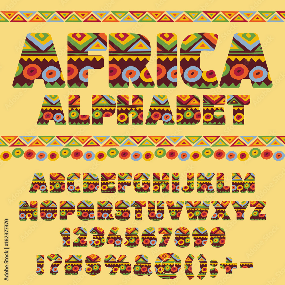 Vector ethnic African Alphabet. Set of bright motley Letters, Numbers ...