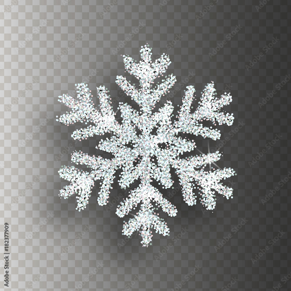 Silver snowflake with bright glitter on transparent background ...