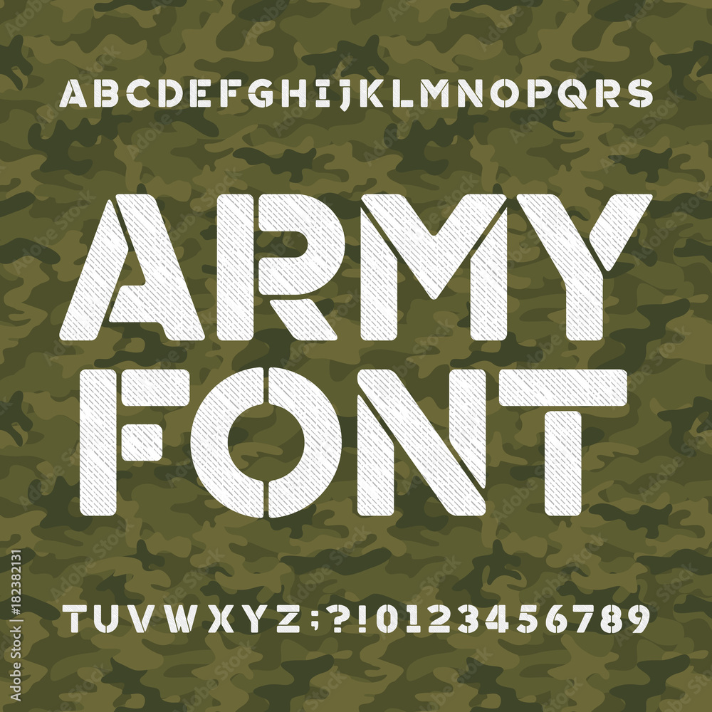 Army alphabet font. Scratched type letters and numbers on a seamless ...