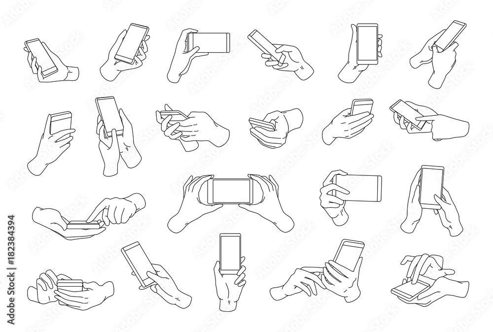 Collection of hands holding modern smartphone drawn with black contour ...