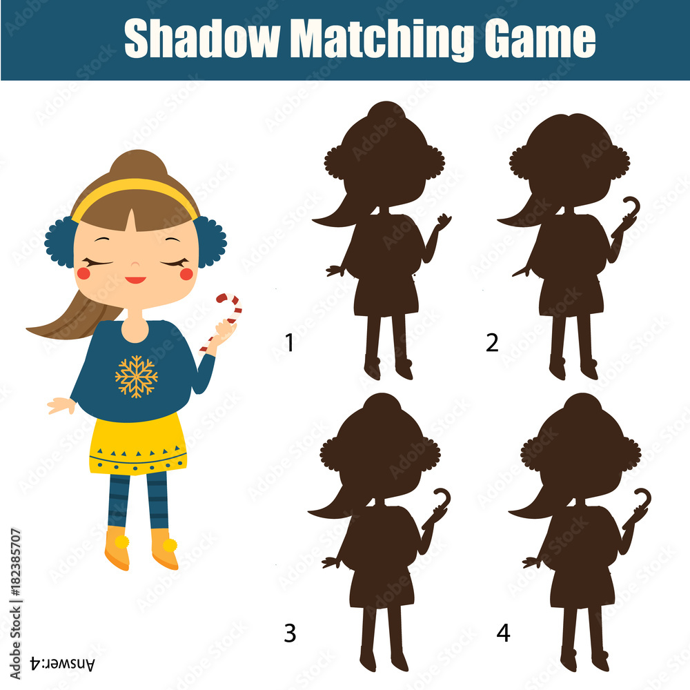 Shadow matching game. Kids activity with girl holding candy canes ...