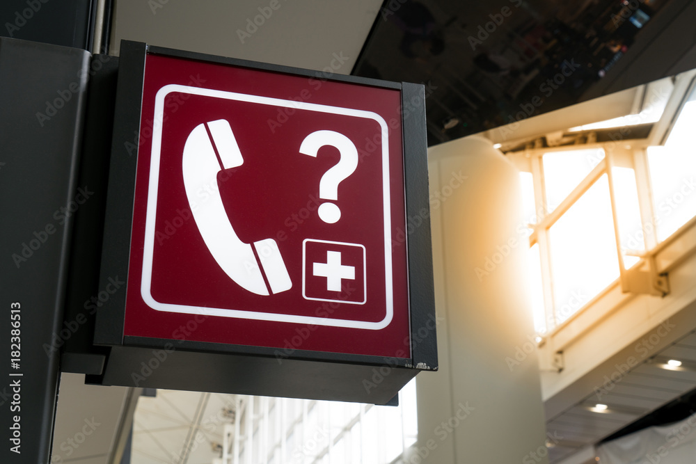 Question mark sign for information center at international airport for ...