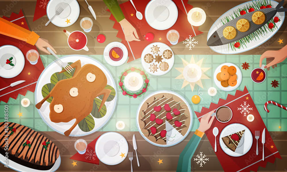 Christmas festive dinner. Delicious traditional holiday meals lying on ...