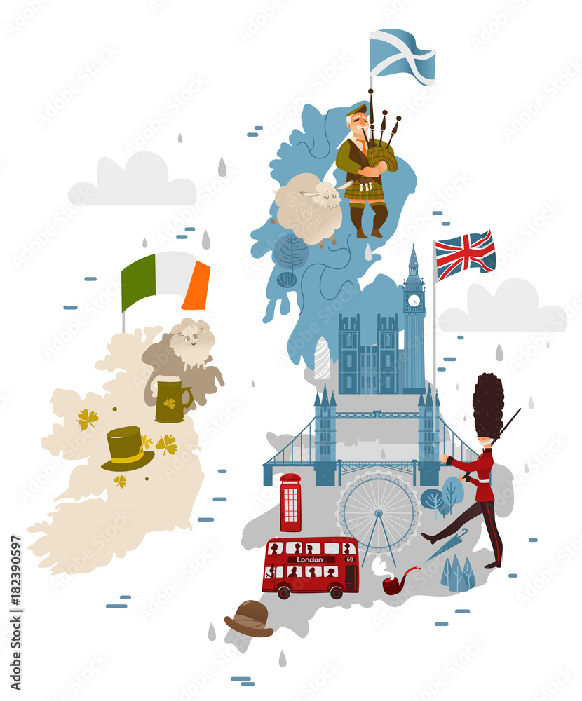 vector cartoon United Kingdom map with national symbols. Marching ...