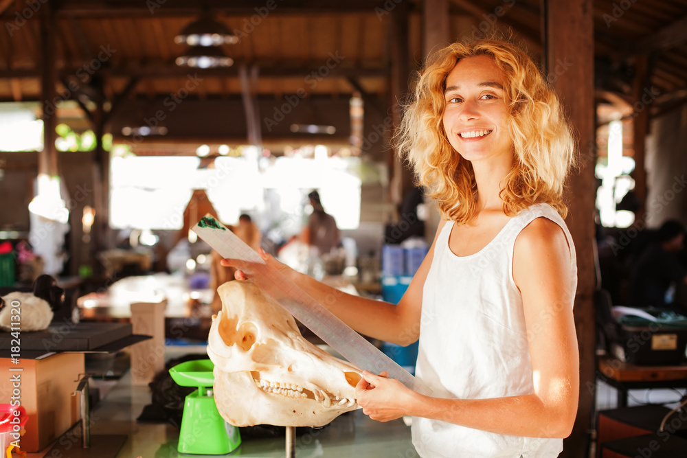 female paleontologist examining a skull of wild boar Stock Photo ...