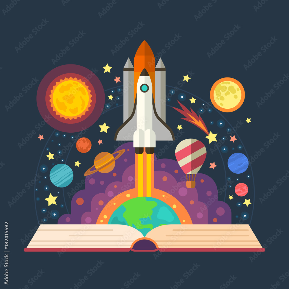 Vector illustration of open book with space elements - solar system ...