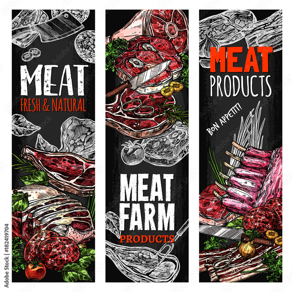 Vector sketch meat farm fresh product banners Stock Vector | Adobe Stock