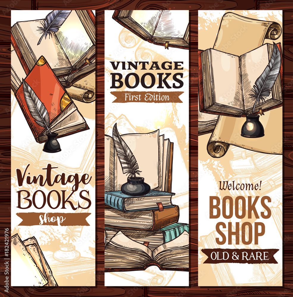 Vector sketch banners for old vintage books library Stock Vector ...