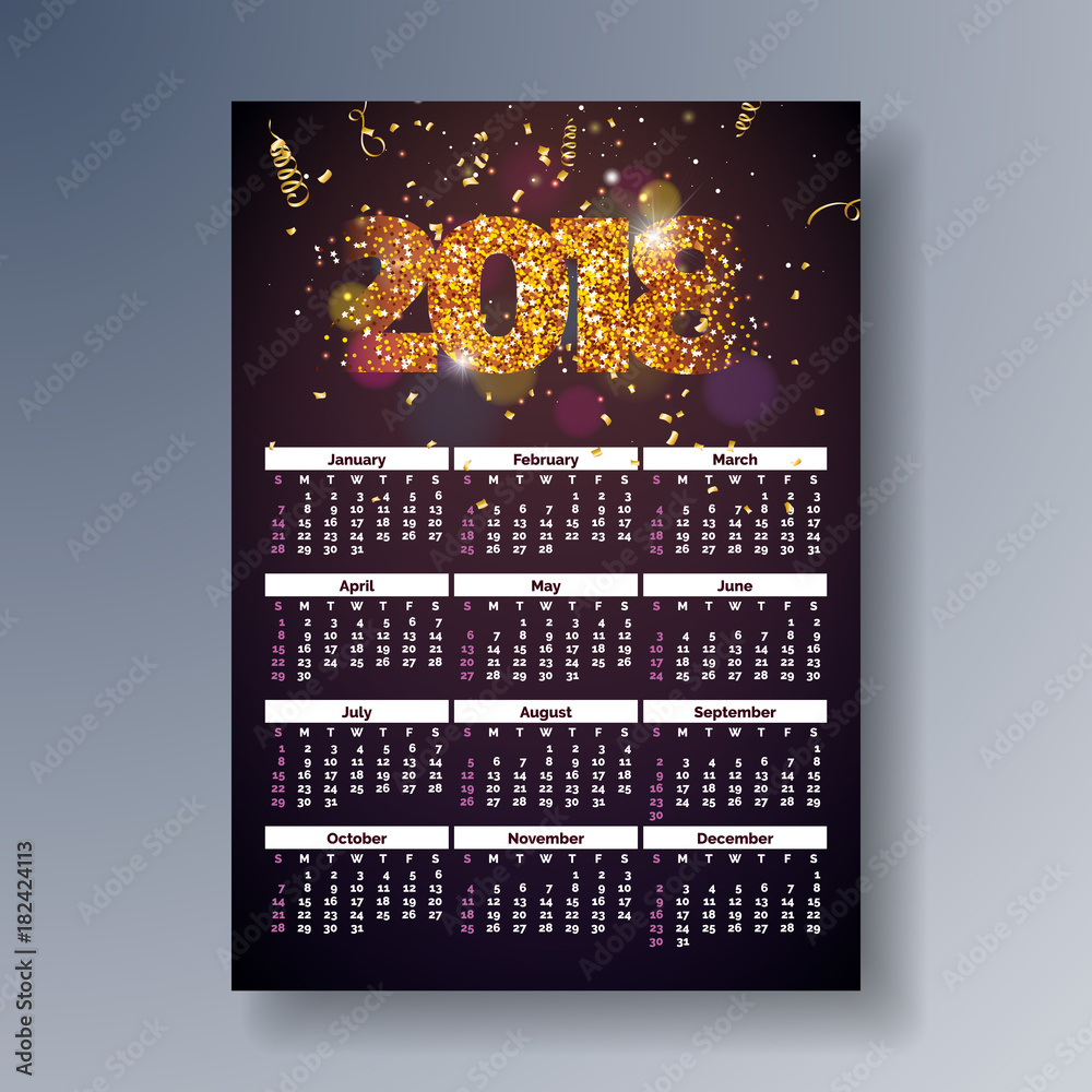 Vector Calendar 2018 Template Illustration with Shiny Sparkling Number ...