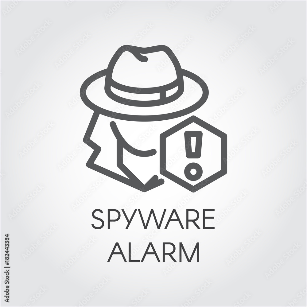 Spyware alarm icon in line design. Abstract human figure in hat and ...
