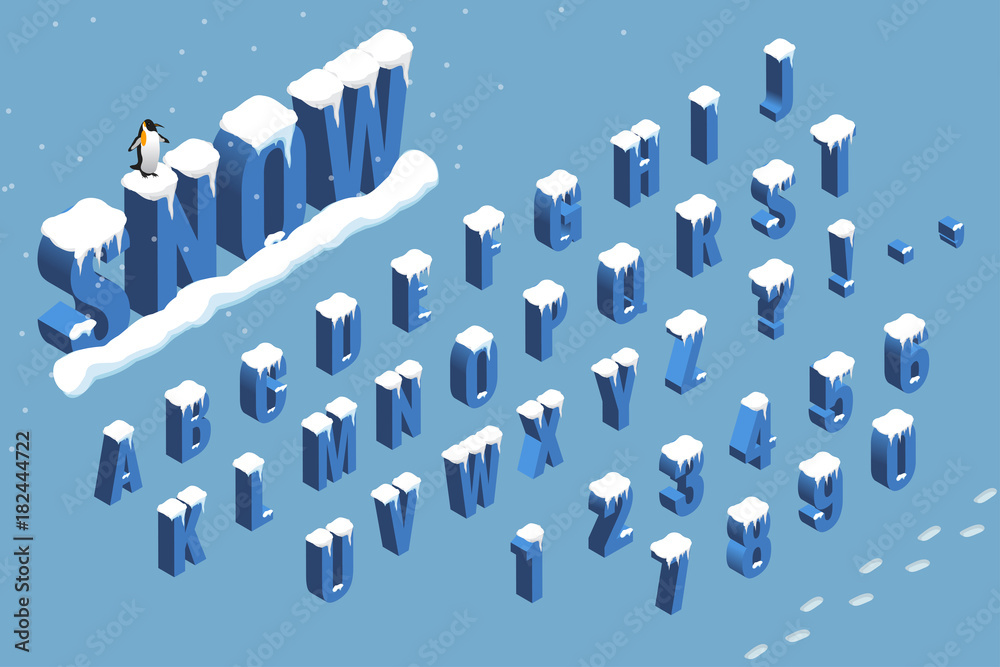 Isometric winter font alphabet with snow. Flat Vector illustration ...