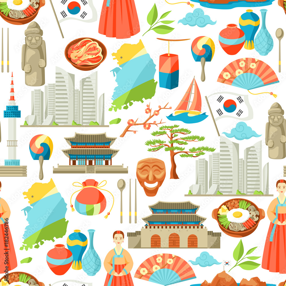 South Korea seamless pattern. Korean traditional symbols and objects ...