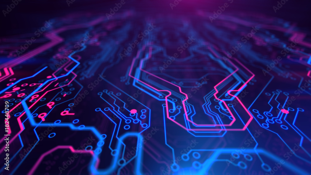 Purple, violet, blue neon background with digital integrated network ...