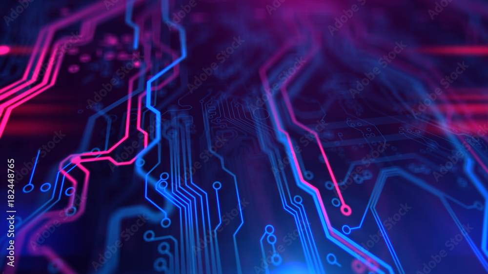 Purple, violet, blue neon background with digital integrated network ...