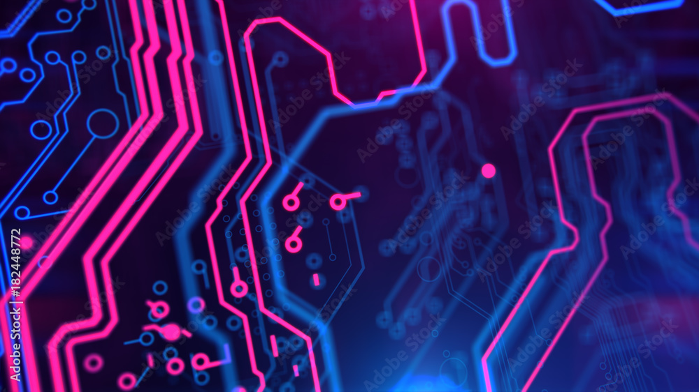 Purple, violet, blue neon background with digital integrated network ...