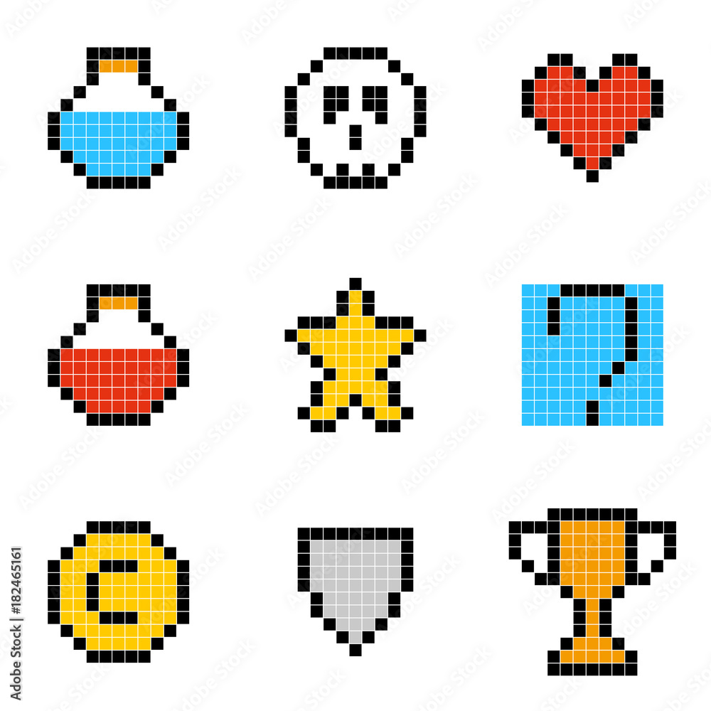 Flat simple illustration of set of minimalistic pixel art vector ...