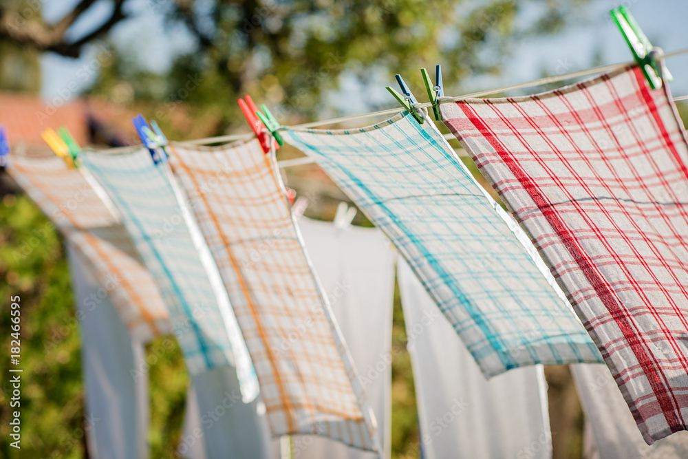 ecological line dry washing in a garden Stock Photo | Adobe Stock