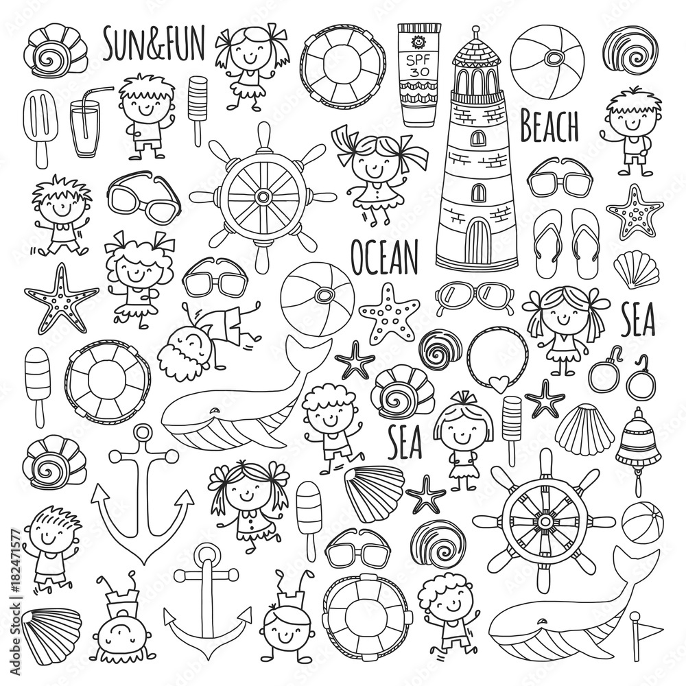 Coloring page Beach set with children Kindergarten or school vacation ...