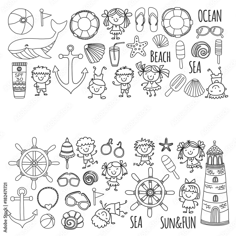 Coloring page Beach set with children Kindergarten or school vacation ...