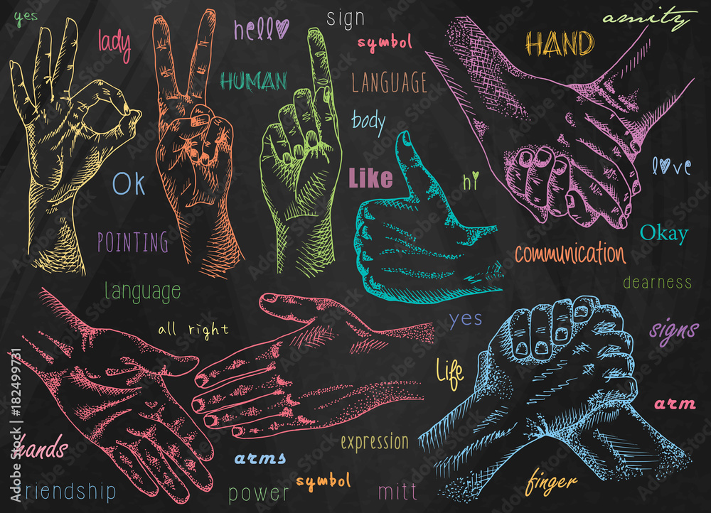 Signs hands. One hand making thumb up gesture. Hand is showing Like ...