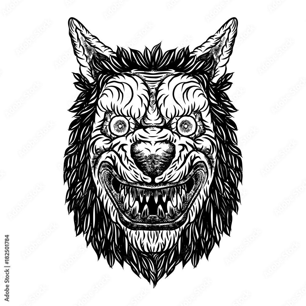 Angry smiling cunning wolf mascot head. Werewolf blackwork tattoo flash ...