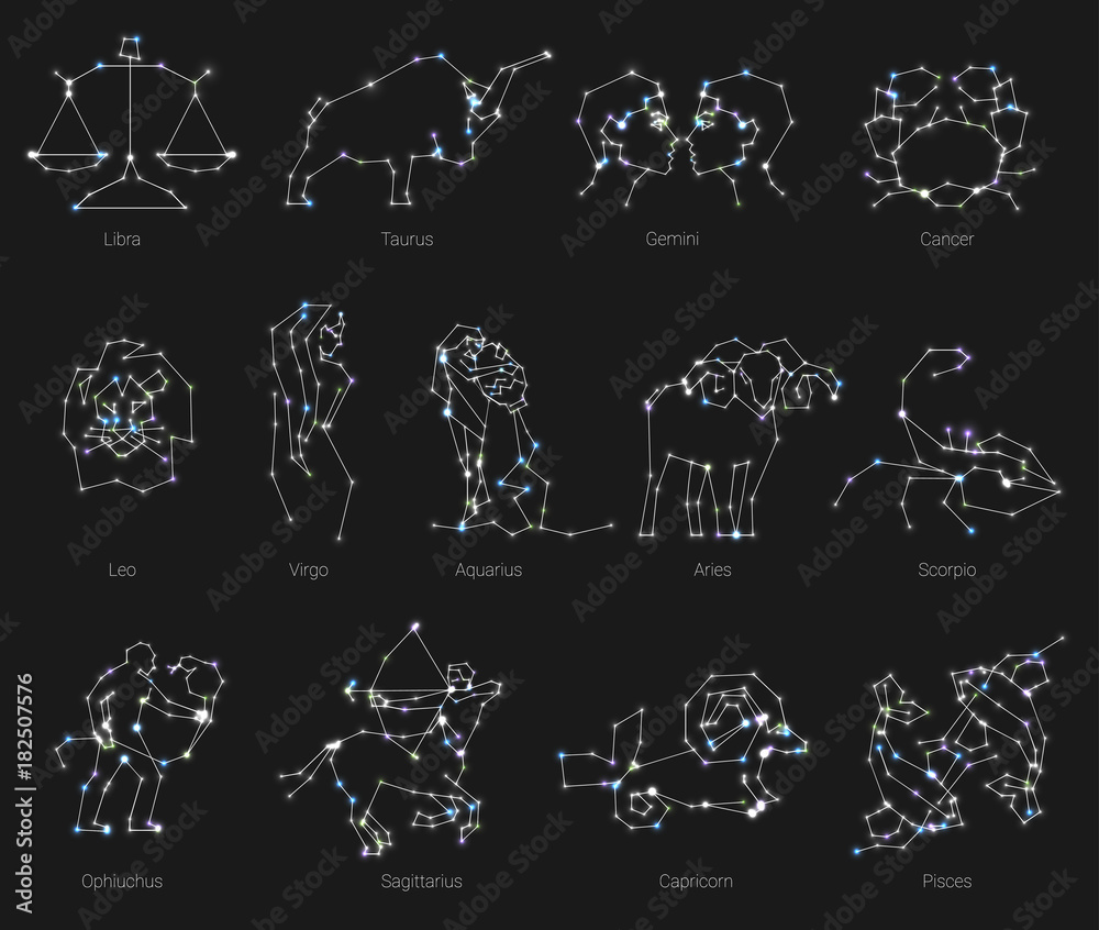 Horoscope, all Zodiac animals in constellation forms with line and ...