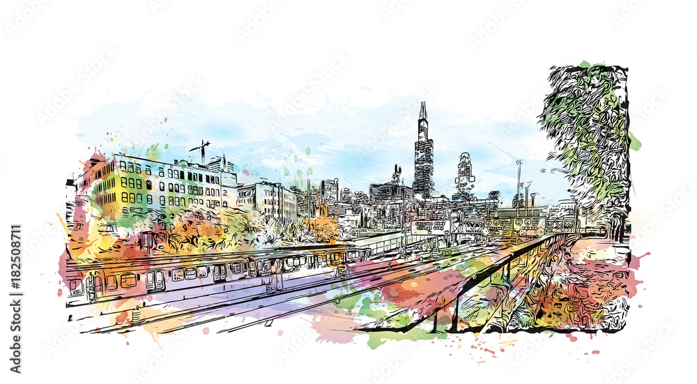 Watercolor splash with sketch illustration of Chicago Metro train with ...