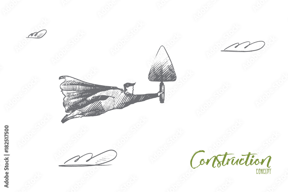 Construction concept. Hand drawn superhero with putty knife in his hand ...