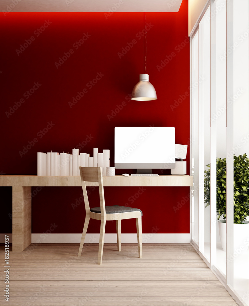 workplace and red wall in home or apartment - Interior design for ...