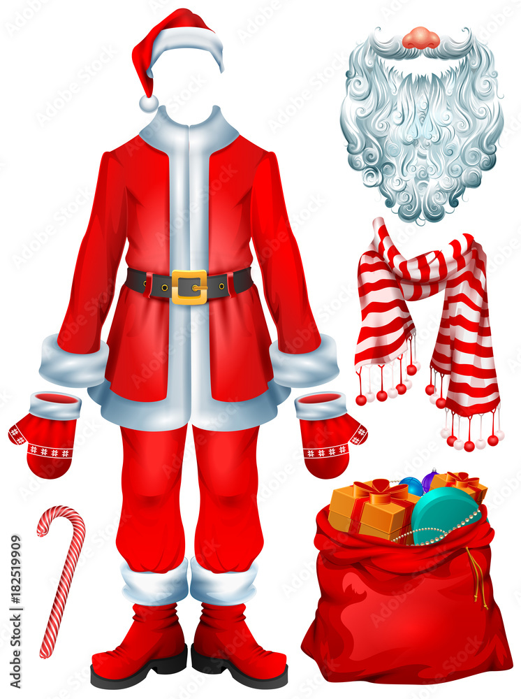 Santa Claus costume dress and Christmas accessories hat, mittens, beard ...