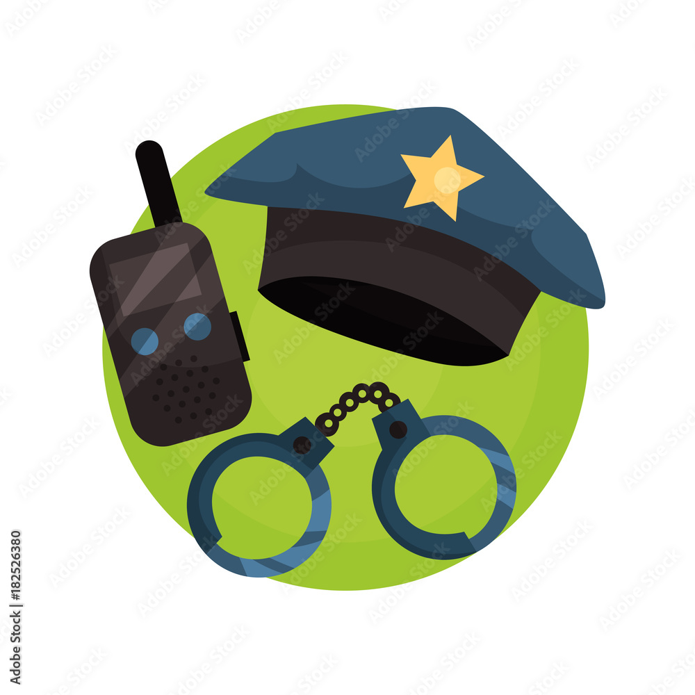 Policeman icon, police professional equipment cartoon vector ...