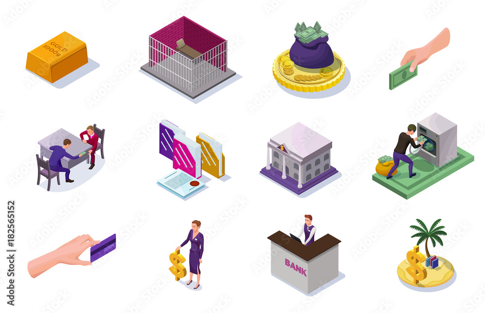 Money laundering and fraud isolated icons for infographics with ...