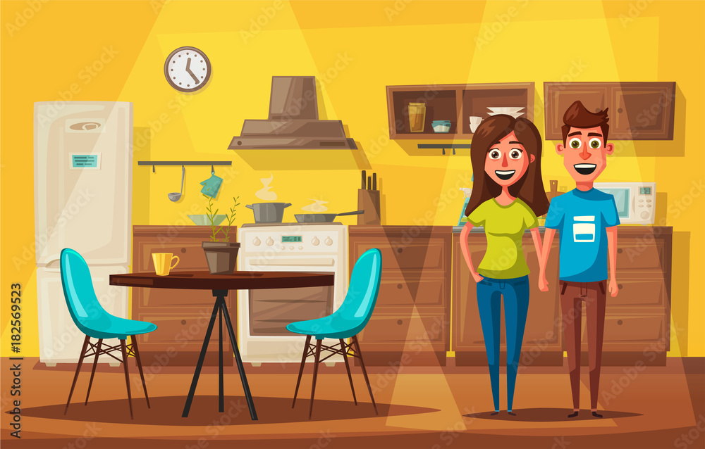 Kitchen interior with furniture. Cartoon vector illustration Stock ...