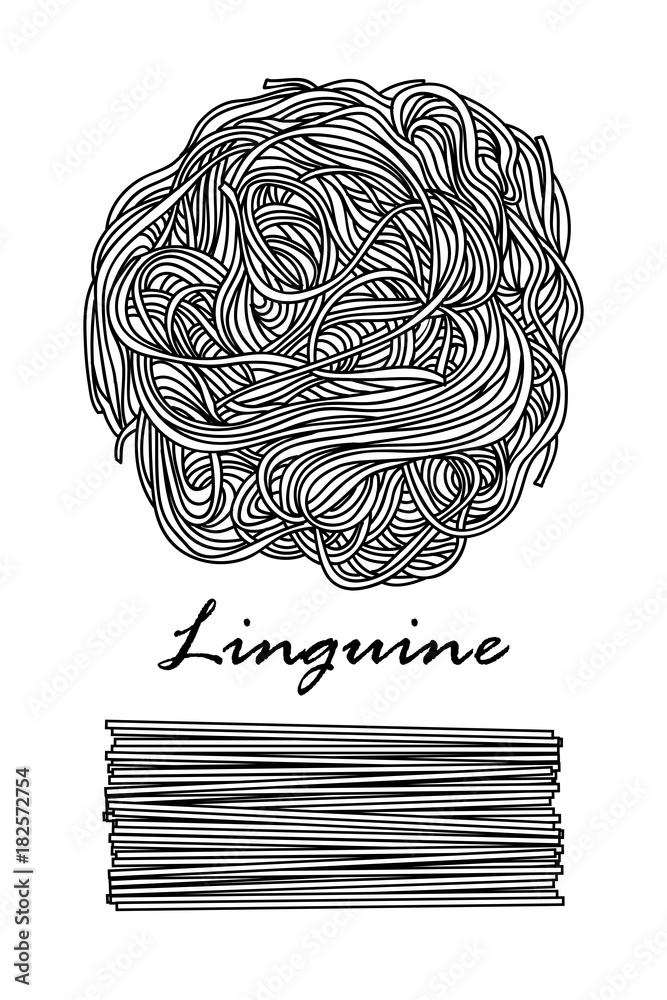 Poster design for traditional Italian pasta, Linguine in black outline ...