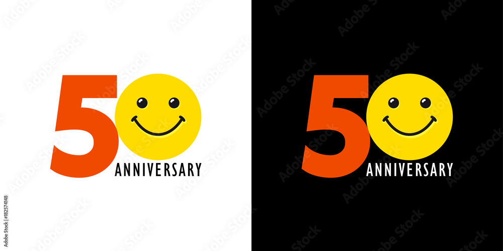 50 years old smiling logo. Congratulating celebrating 50th, 5th numbers ...