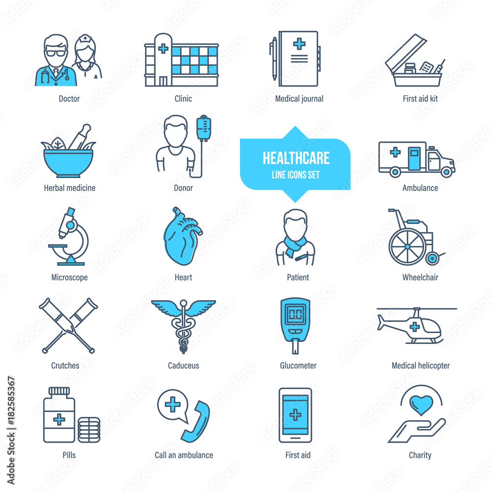 Healthcare thin line icons, pictogram and symbol set. Ambulance ...