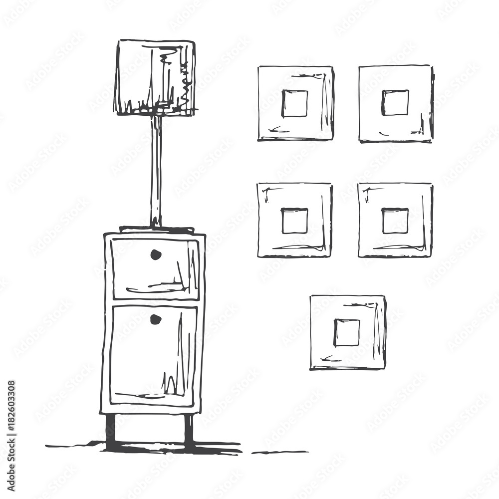 Bedside table with a lamp. Vector illustration in sketch style. Stock ...